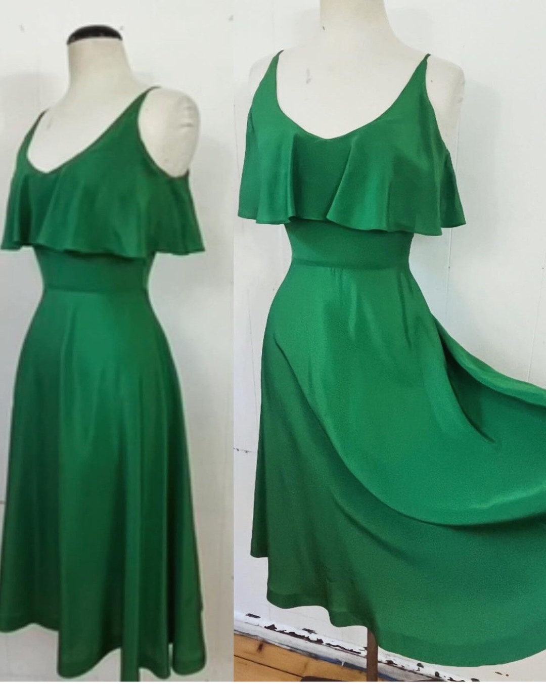 1970s Emerald Green Floaty Fit and Flare Frock Dress With Ruffled ...