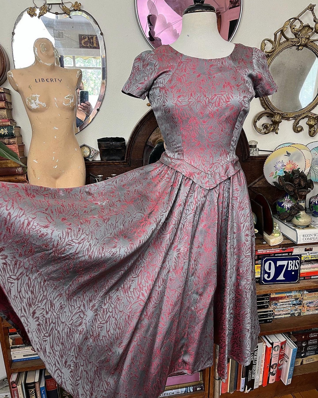 1940s Damasked Red & Silver Peplum Party Frock 28 Waist True - Etsy ...