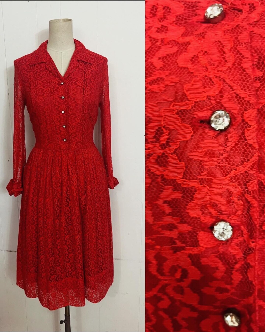 1960s Red Hot Red Lace Dress With Rhinestone Buttons - Etsy