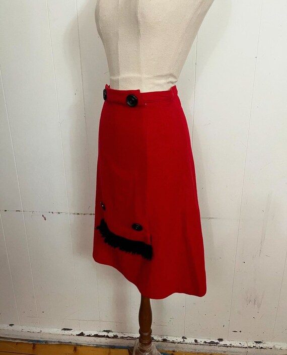 1950s fine red wool skirt with buttons & a fringe tha… - Gem
