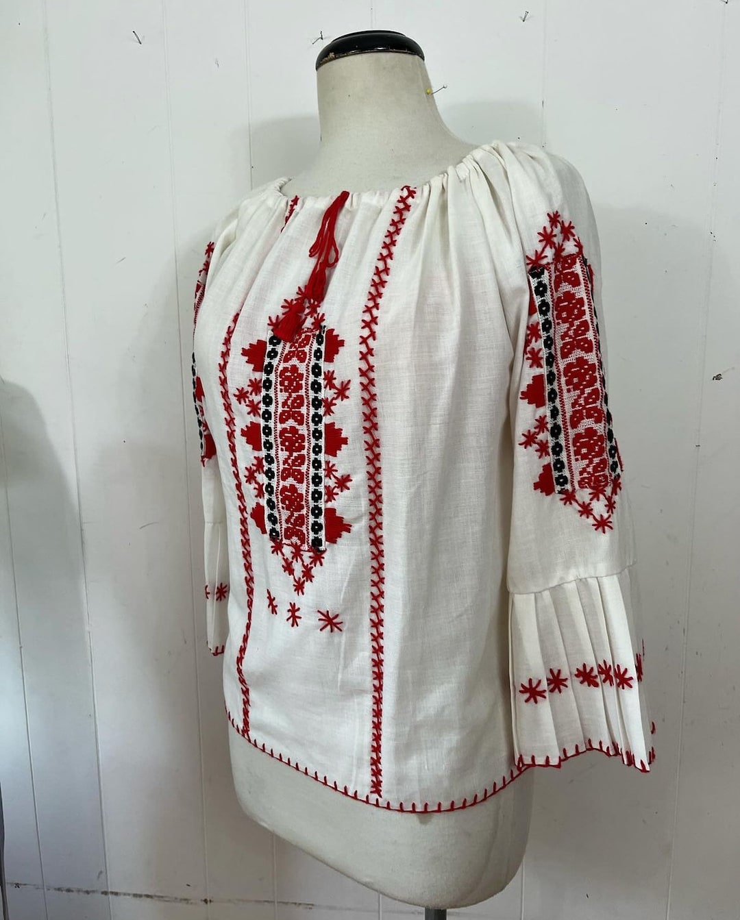 1960s GREEK Hand Embroidered Blouse Pleated Cuffs - Etsy