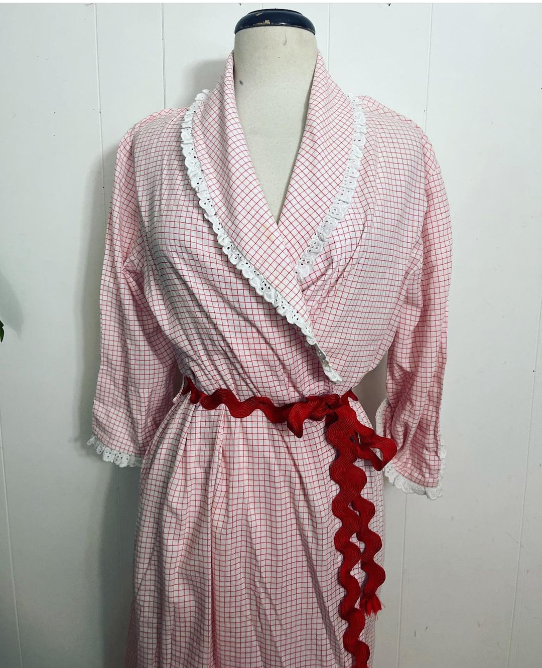 XL/ XXL 1940s Woven Cotton Check Pattern Red and White Robe Housecoat ...