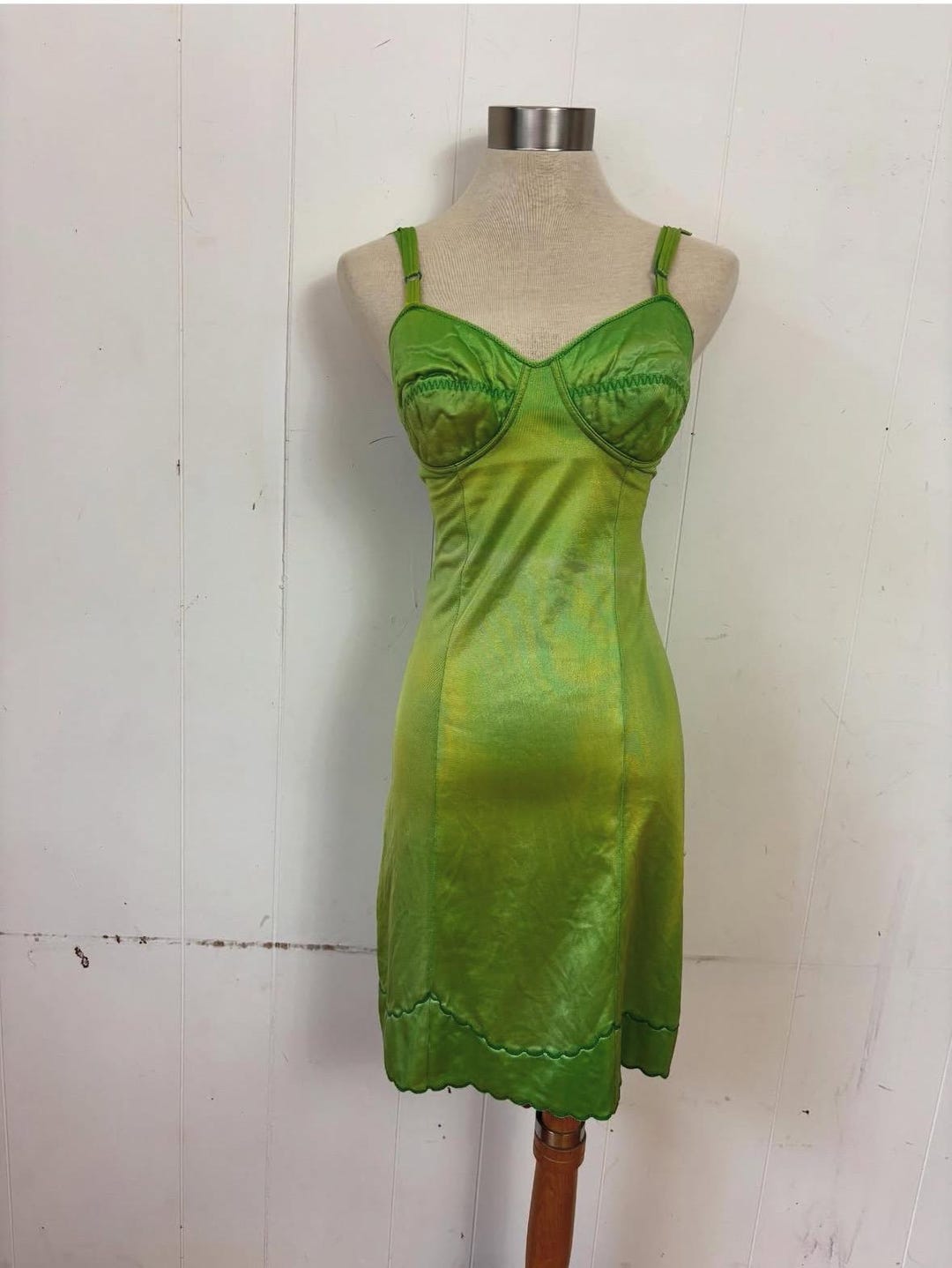 1970s ACID GREEN Padded Bullet Bra Style Slip Dress Festival Wear ...