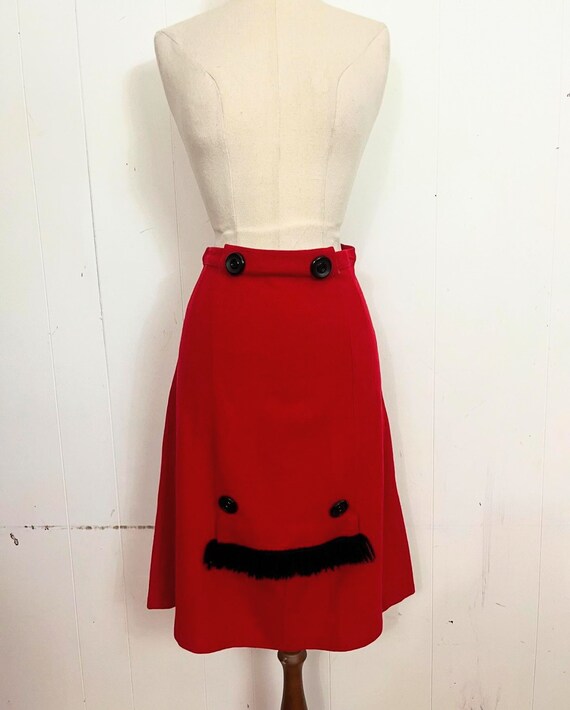 1950s fine red wool skirt with buttons & a fringe tha… - Gem