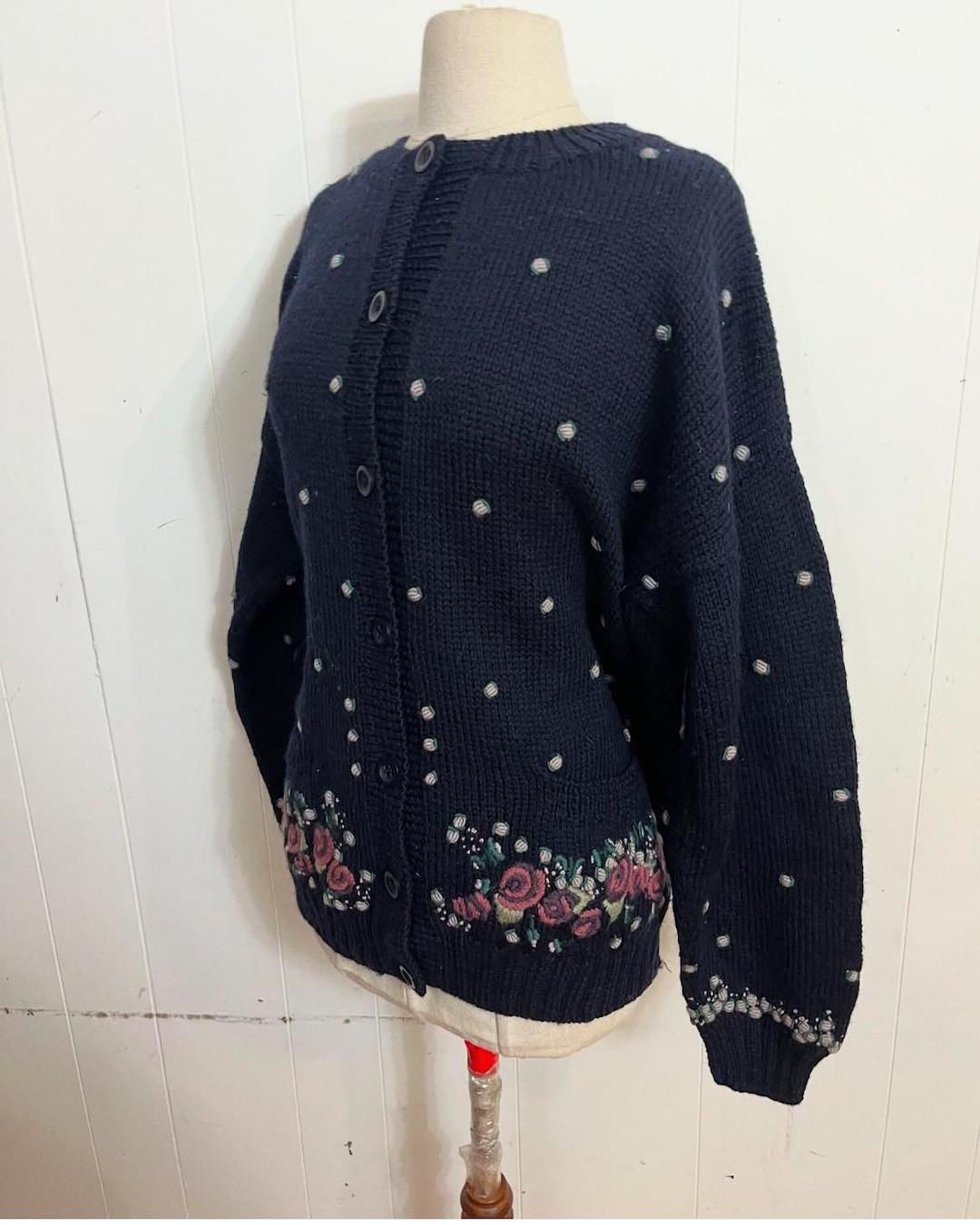 1980s VOLUPTUOUS OVERSIZE Handknit Grub Roses Hand Embroidered Wool ...