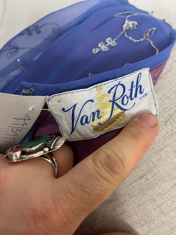 1960s Van Roth periwinkle silver embroidered dress tr… - Gem