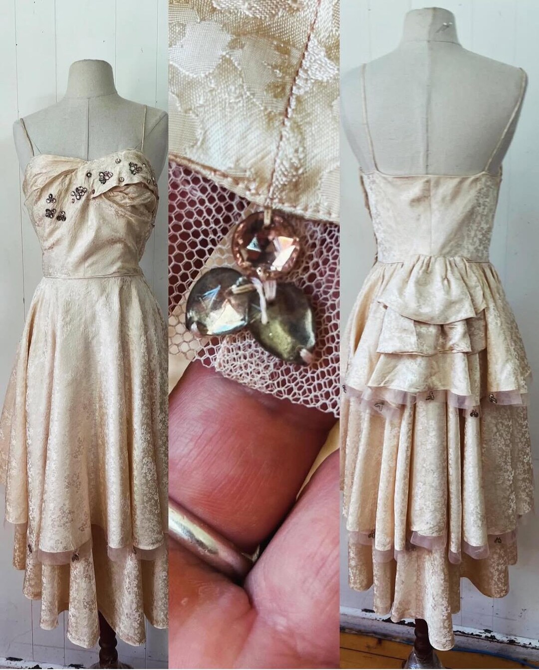 1940s Bejewelled Damasked Silk Rayon Satin Dress With a Bustle - Etsy