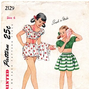 1940's Simplicity 2129 Girls Top, Shorts, Skirt Pattern Size 6 - Etsy