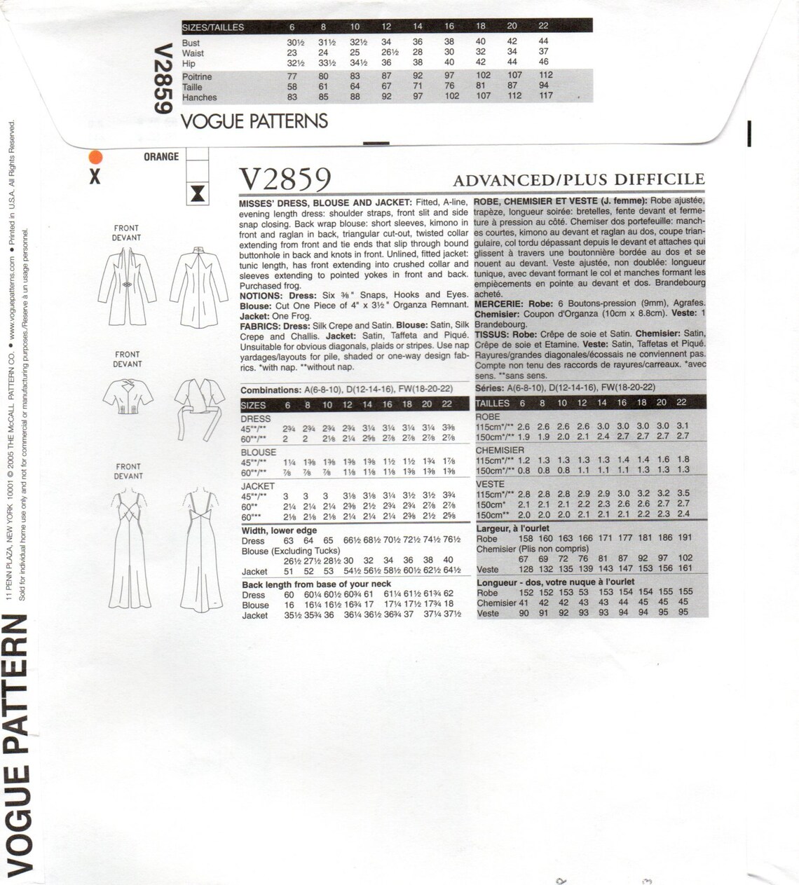 Vogue 2859 Vintage Model Design Reissue Dress, Blouse, Jacket Pattern ...