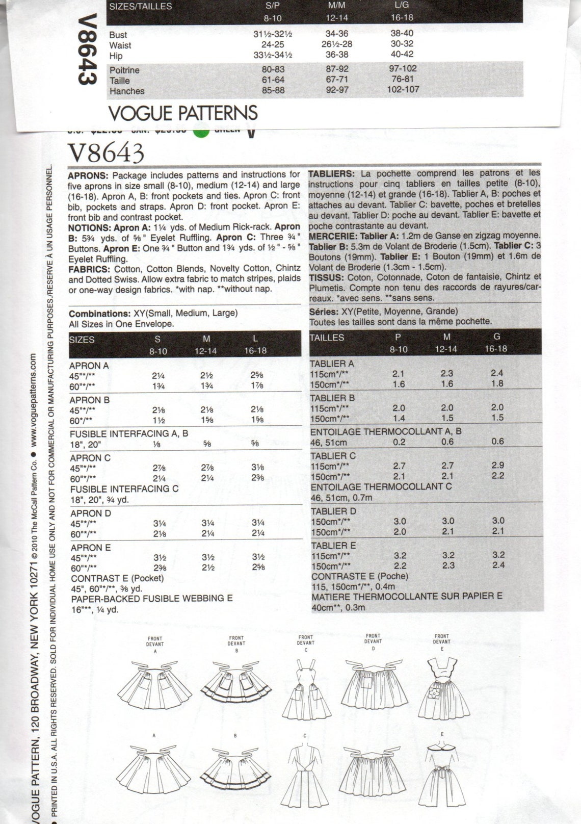 Vogue 8643 Full and Half Aprons Pattern 1952 Retro Vintage | Etsy