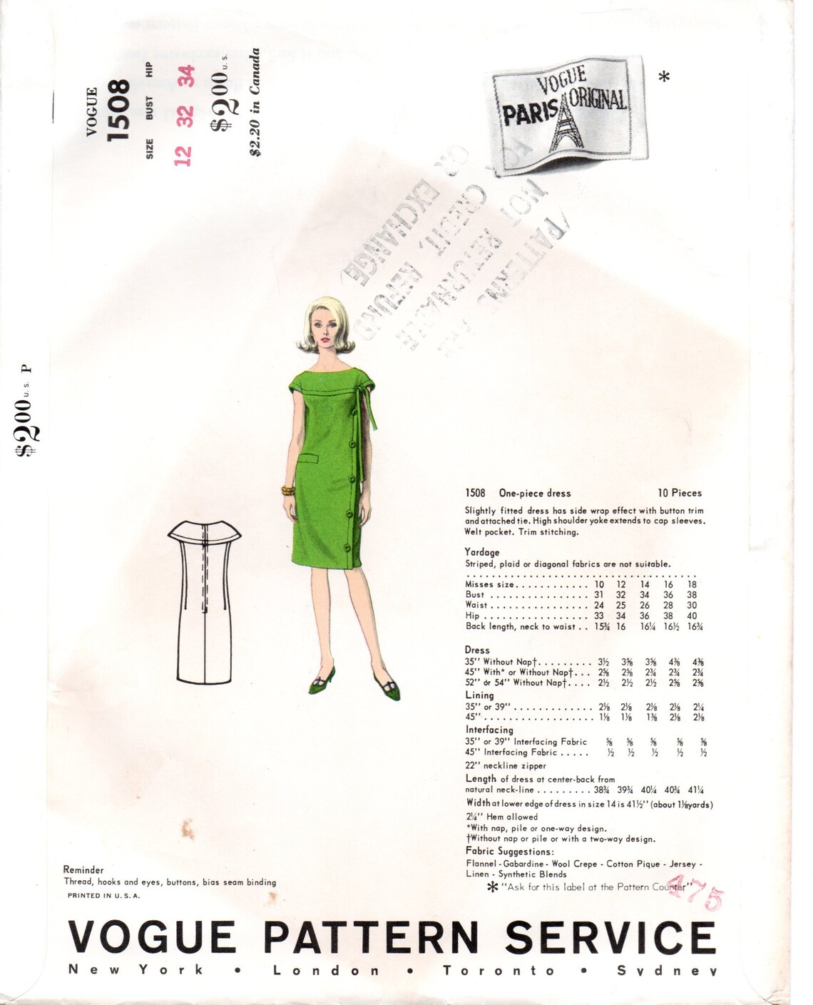 Cardin Vogue 1508 Shoulder Yoke Dress Pattern Bust 32 - Etsy