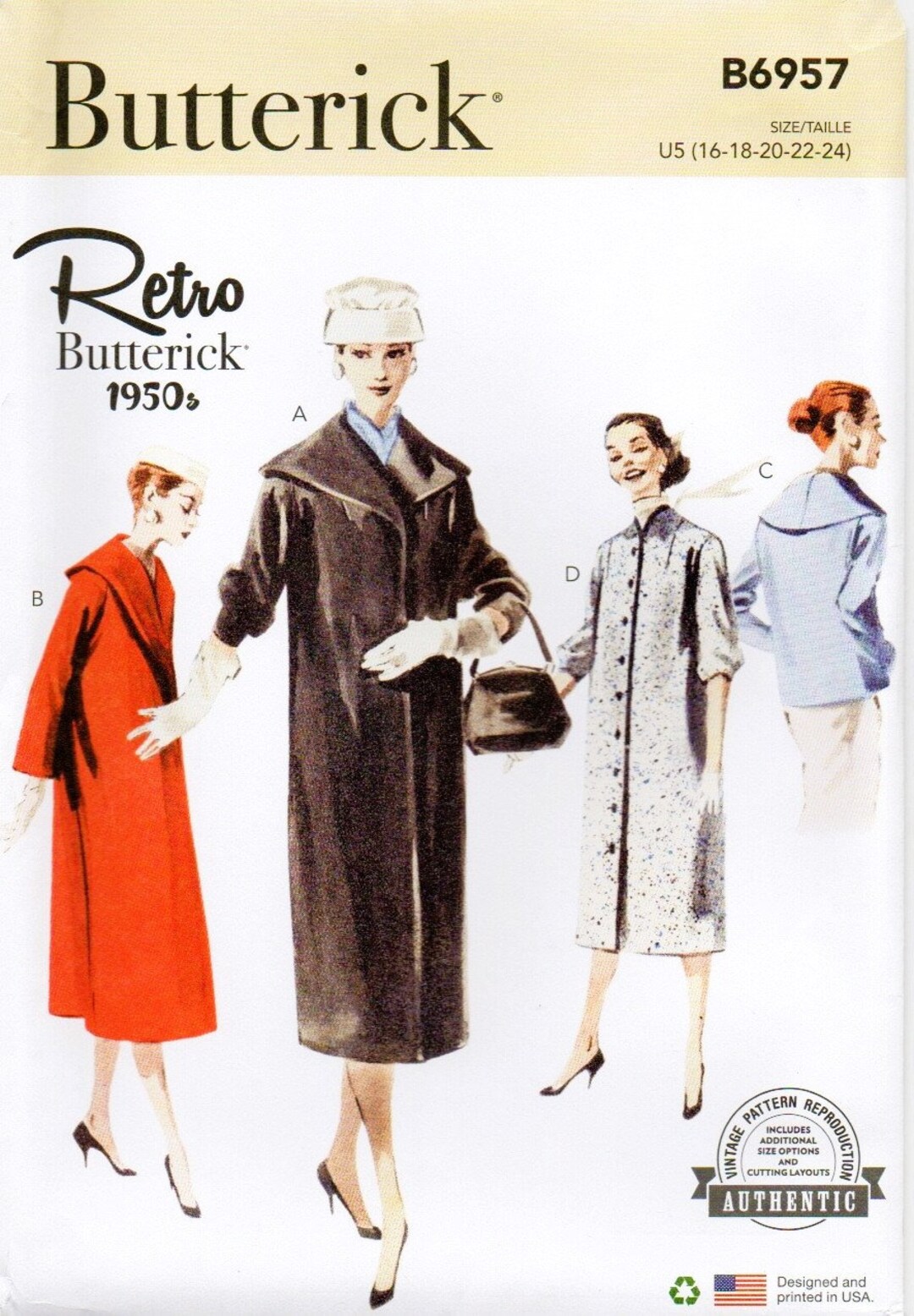 50's Style Quick 'n Easy Slim Coat Butterick 6957 Reissue Pattern ...