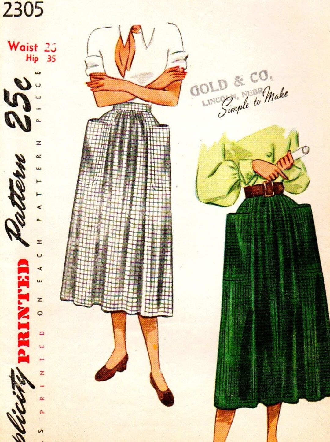 1948 Patch Pocket Dirndl Skirt Simplicity 2305 Pattern - Etsy