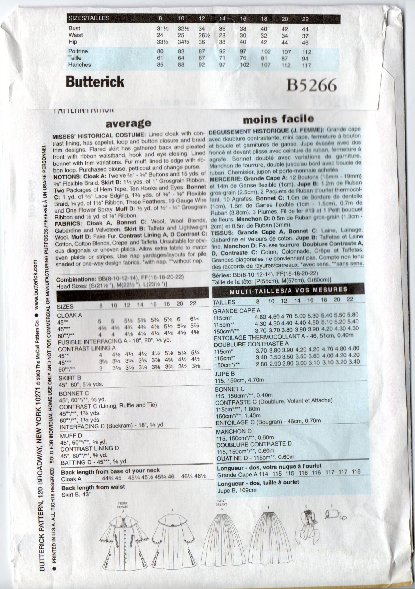 Butterick 5266 Dickens Cloak Muff Bonnet Skirt Historical - Etsy