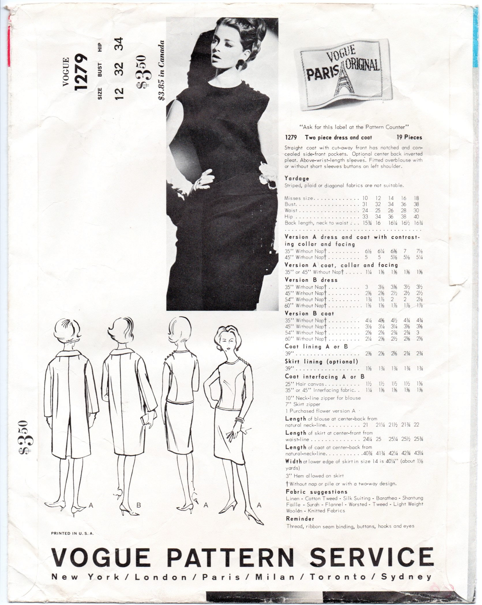 Griffe Vogue 1279 1960's Cut-away Coat and Dress Paris Original Pattern ...