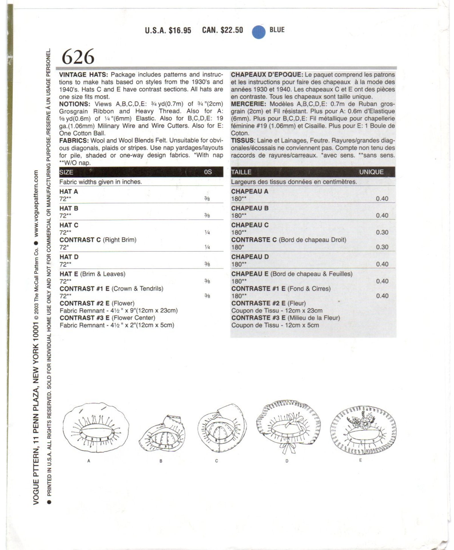 Vogue 7838 / 626 Pattern 1930's 1940's Hats - Etsy