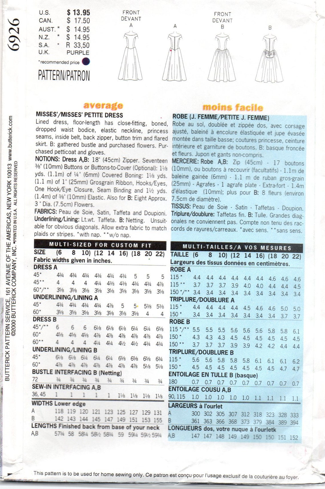 Butterick 6926 Princess Seam Dropped Waist Optional Bustle | Etsy