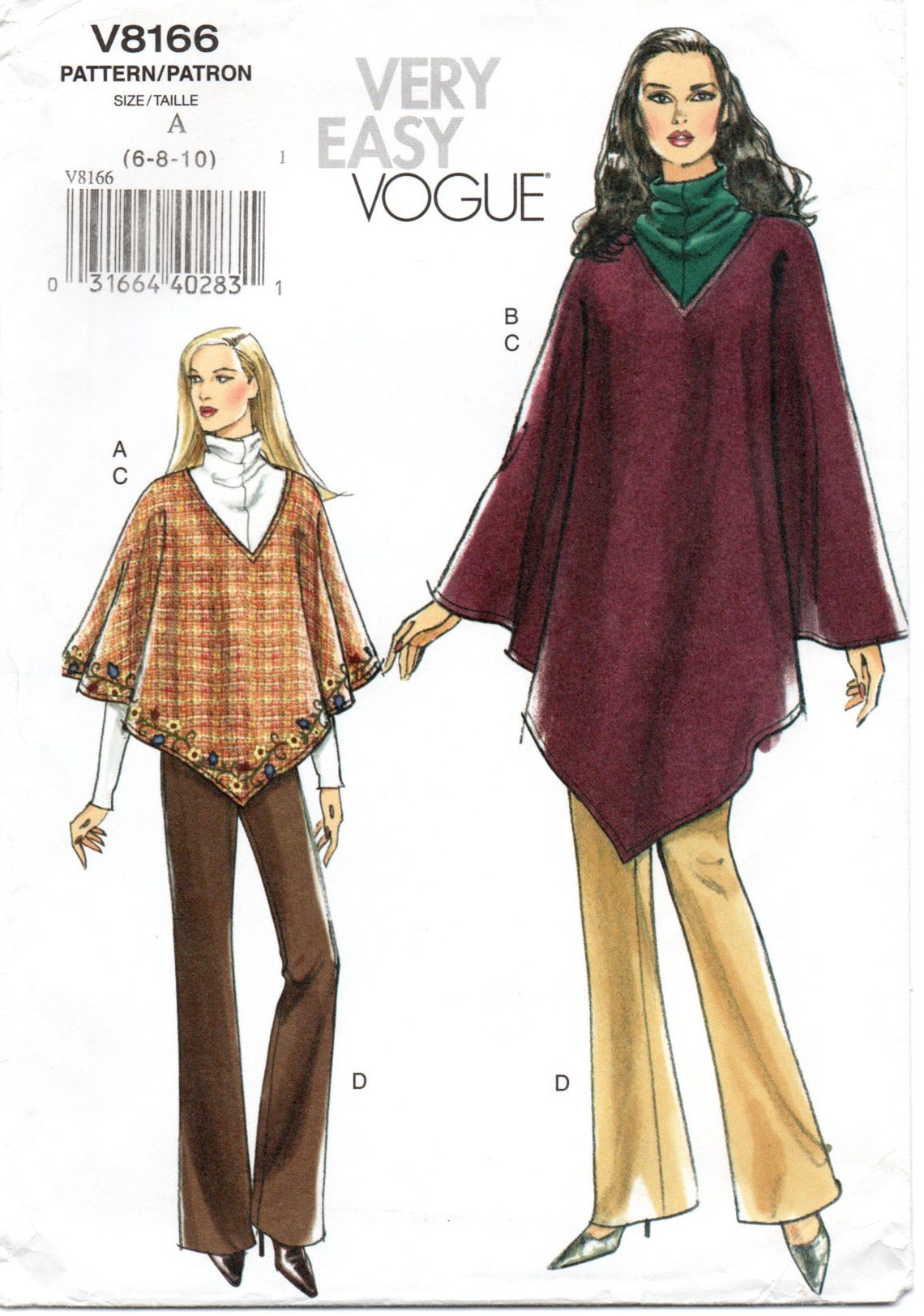 Vogue 8166 Very Easy Poncho Top and Pants Pattern Size 6 8 - Etsy