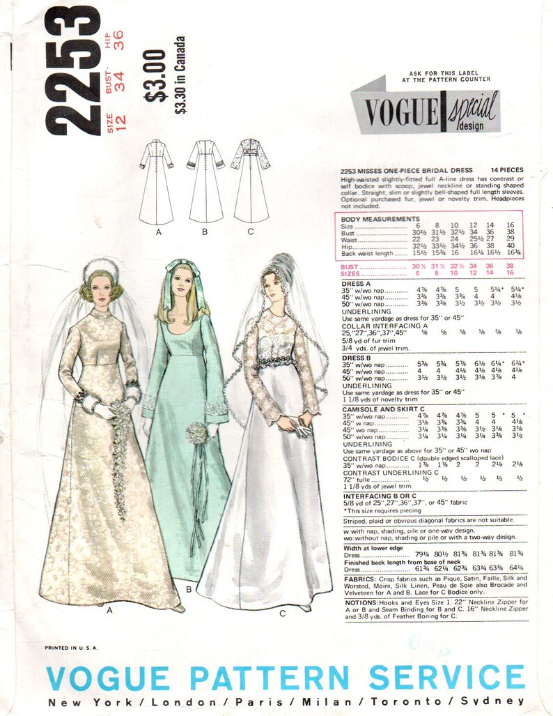 Vintage 70's Vogue 2253 Bridal Gown Wedding Pattern Bust 34 - Etsy