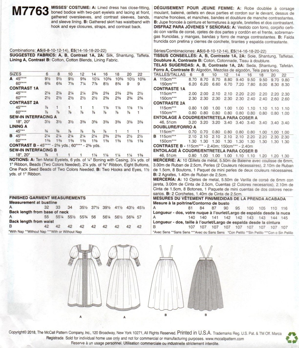 Renaissance Dress Skirt Costume Pattern Mccall's 7763 - Etsy