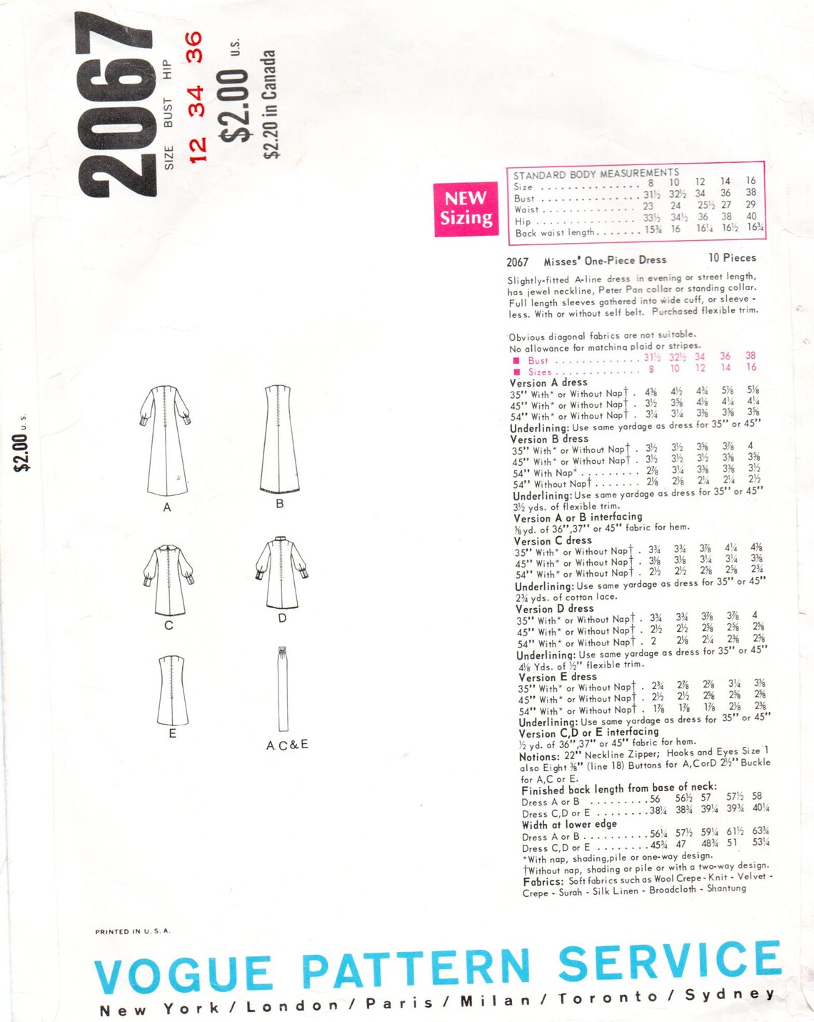 1960's Vogue 2067 Basic Design A-line Gown or Dress Pattern Bust 34 - Etsy