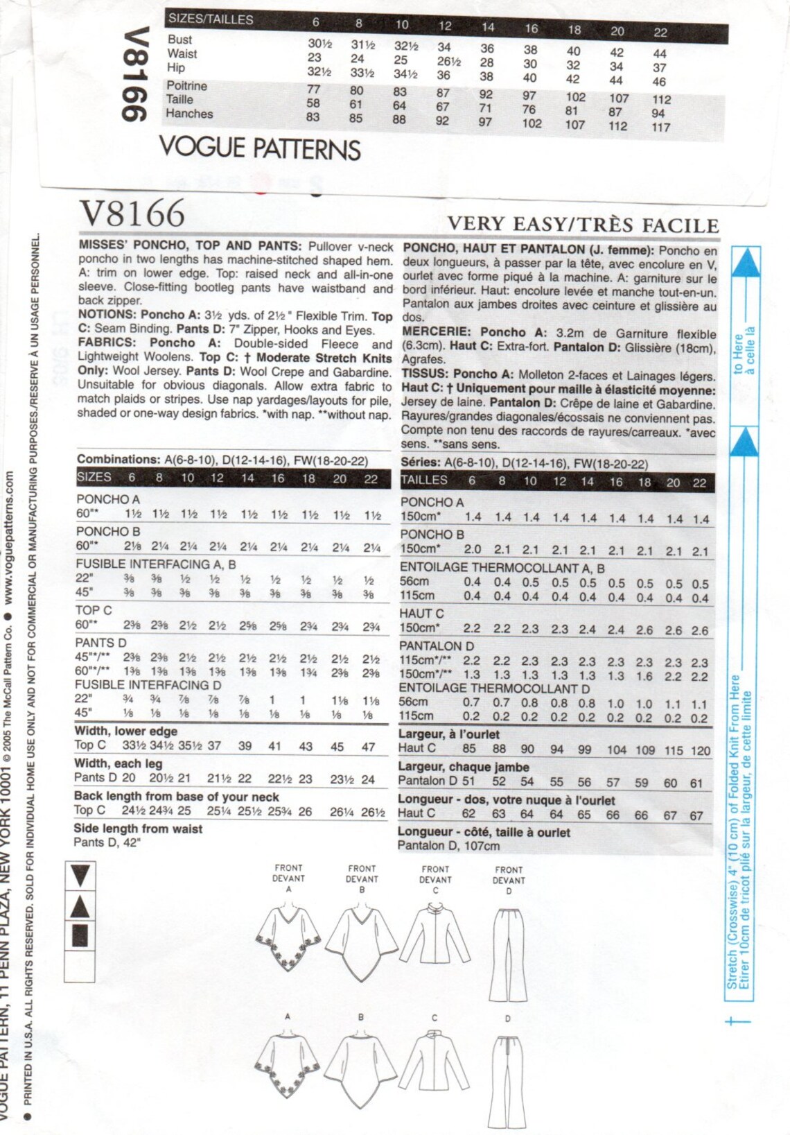 Vogue 8166 Very Easy Poncho Top and Pants Pattern Size 6 8 - Etsy