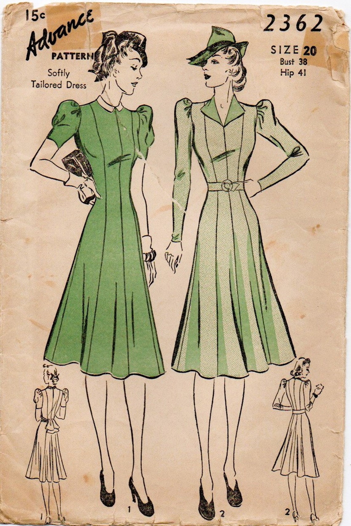 1930's Advance 2362 Dress With Back Girdle Pattern Bust 38 - Etsy