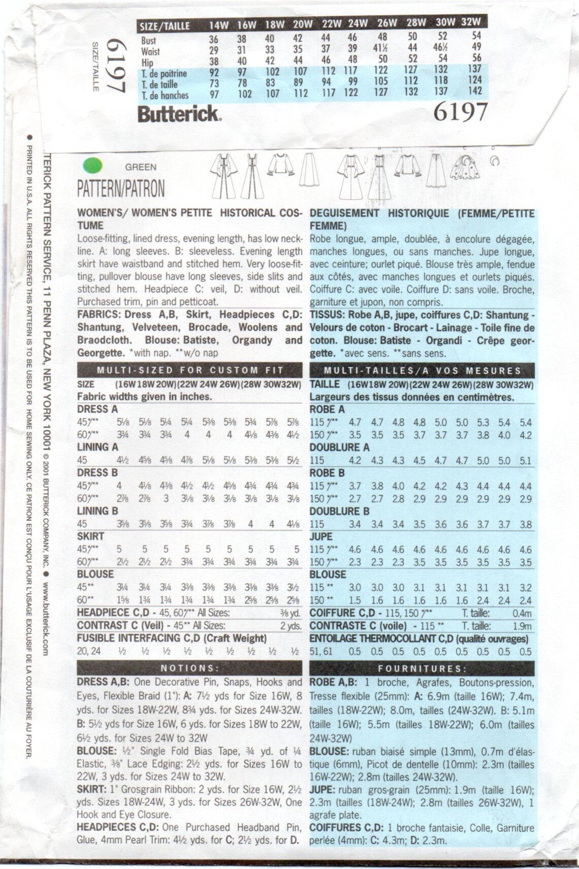 Plus Sizes Renaissance Gown Costume Butterick 6197 Pattern - Etsy