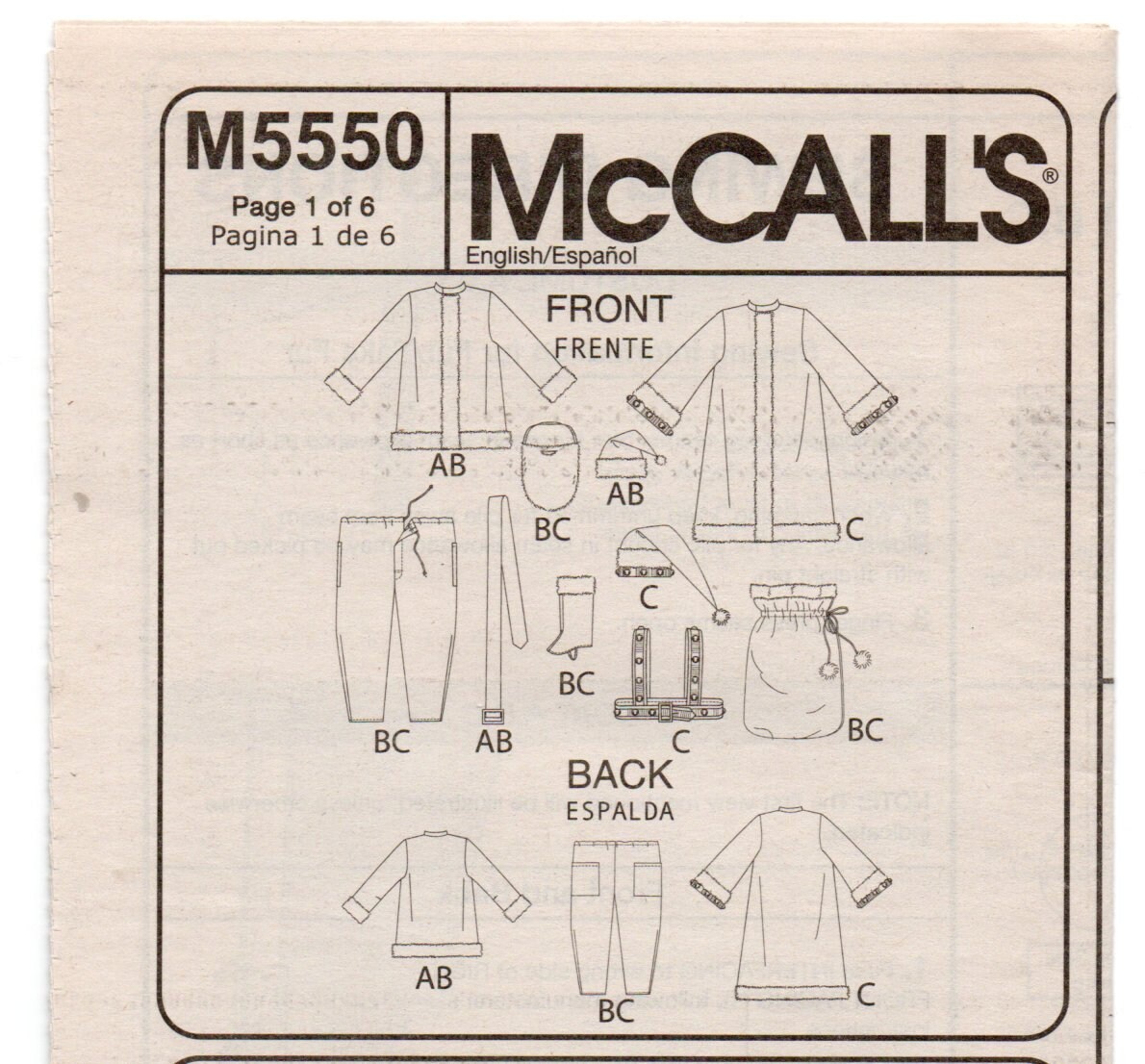 Santa Costumes, Coat, Hat, Boot Spats, Beard, Sack Mccall's 5550 ...