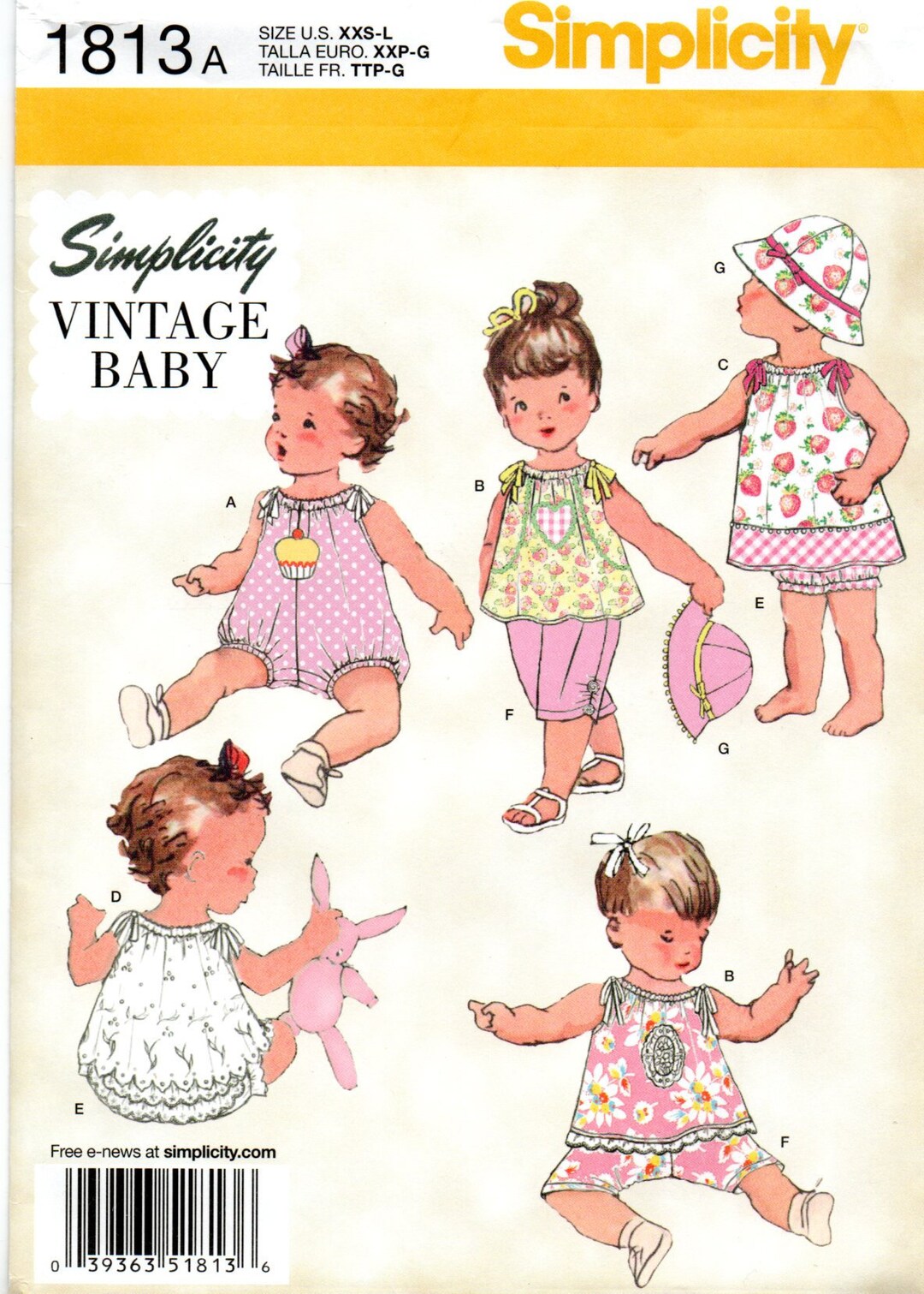 Simplicity 1813 Babies Vintage Style Summer Romper, Top, Dress, Hat ...