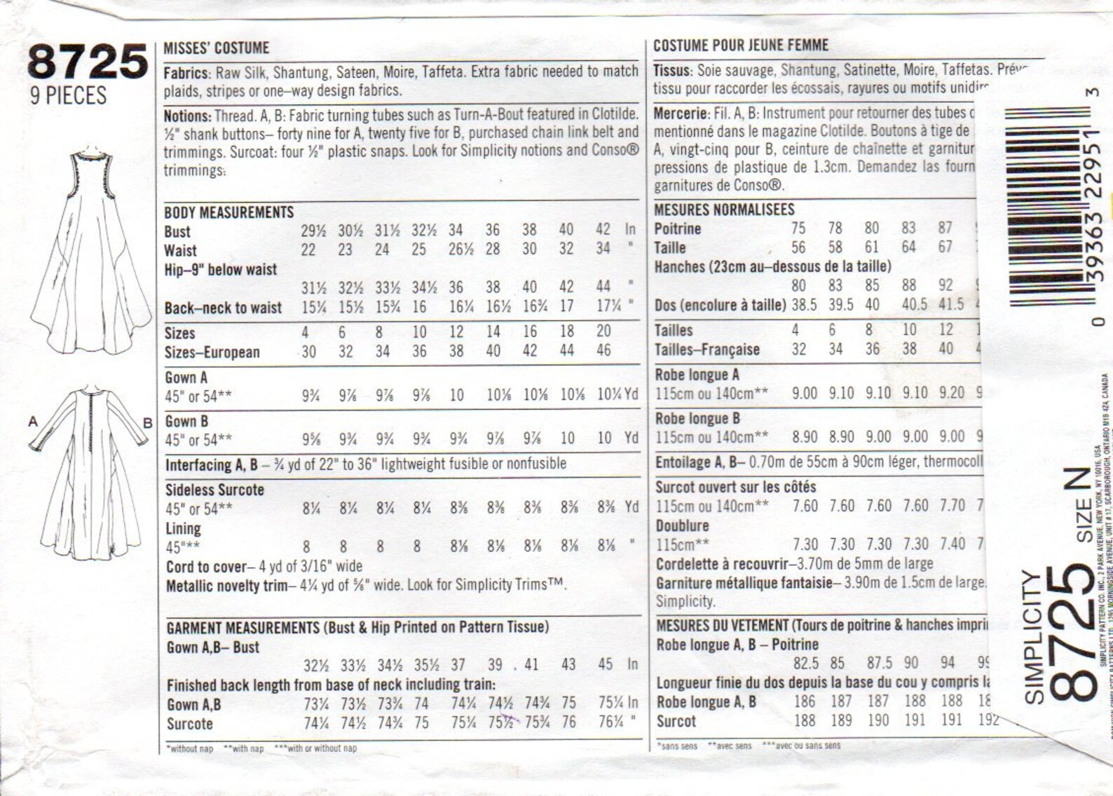 Simplicity 8725 Medieval Gown and Surcote Costume Pattern | Etsy