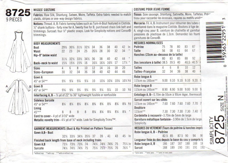 Simplicity 8725 Medieval Gown and Surcote Costume Pattern - Etsy