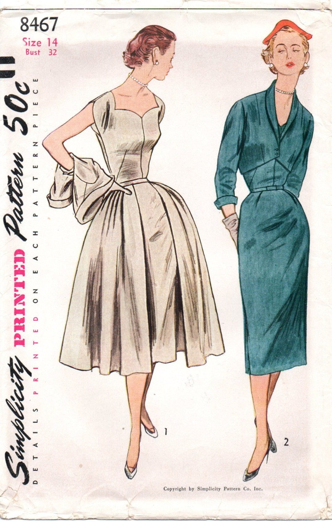 1950's Simplicity 8467 Slim Sheath Detachable Skirt Panels Pattern Bust ...