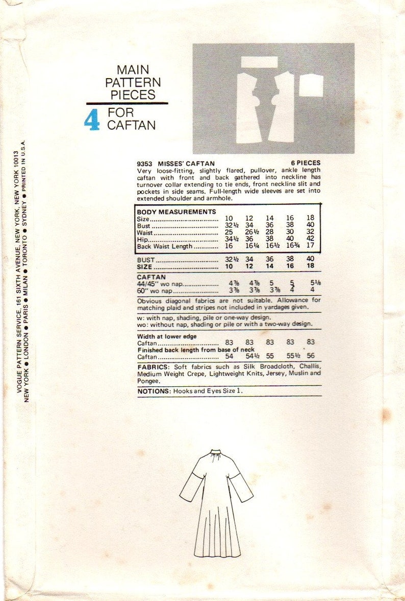 80's Vogue 9353 Very Easy Caftan Pattern Bust 32.5 - Etsy