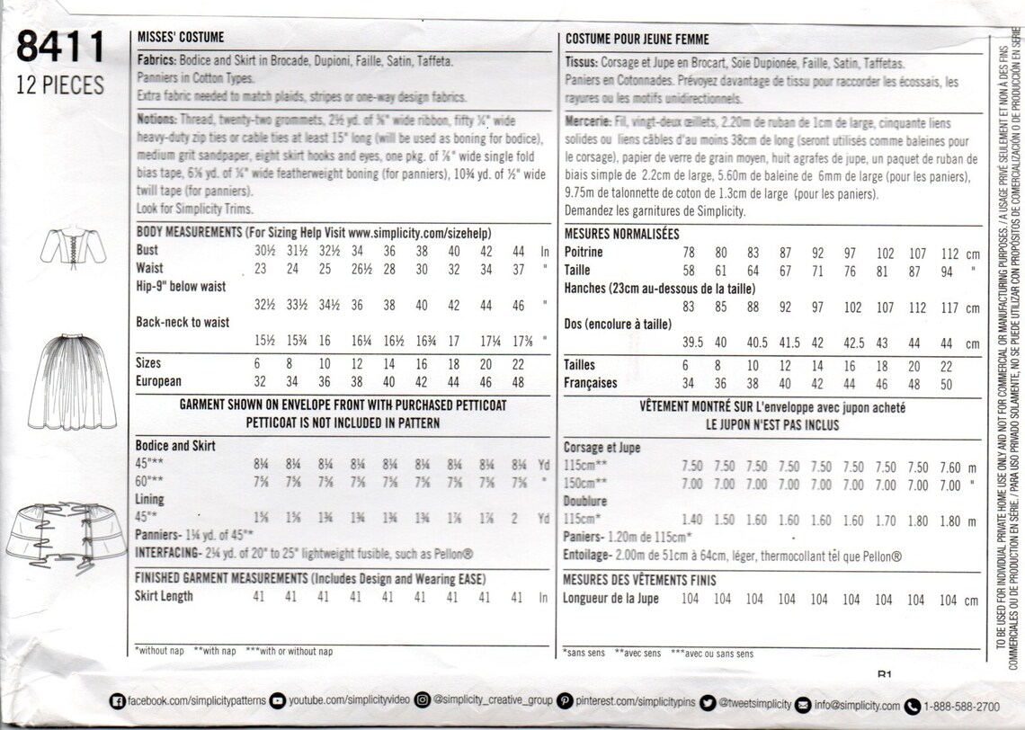 18th Century Gown and Panniers Simplicity 8411 Costume Pattern Choose ...