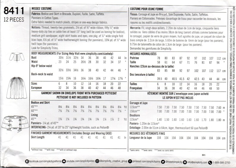 18th Century Gown and Panniers Simplicity 8411 Costume Pattern Choose ...