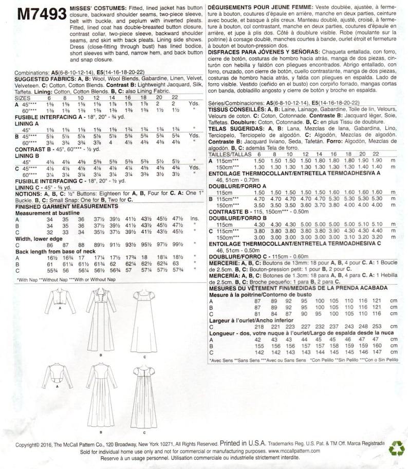 Empire Regency Gown, Coat and Jacket Mccall's 7493 Pattern Choose Size ...