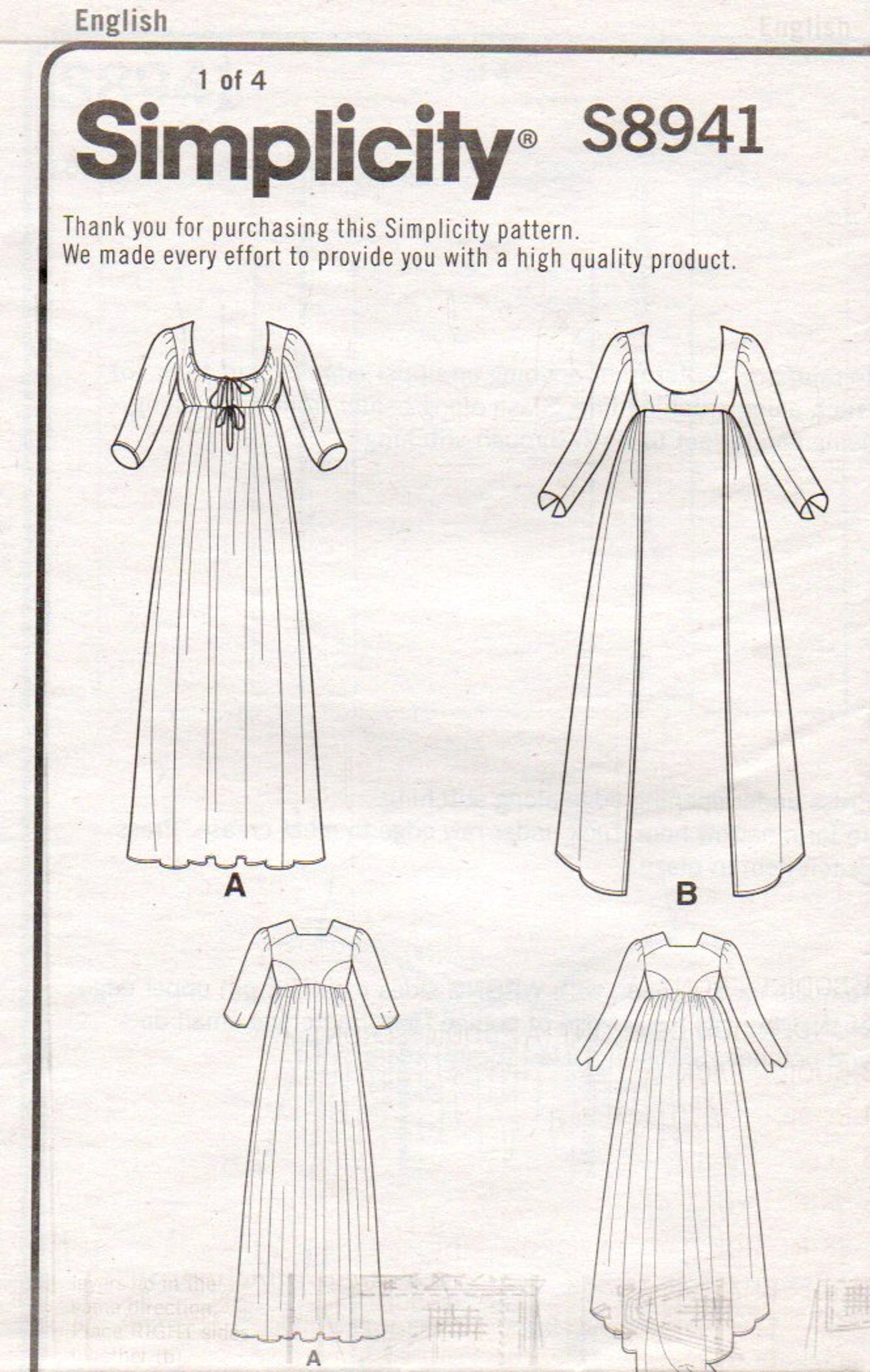Jane Austen Style Empire Regency Gown, Robe Simplicity 8941 Pattern ...