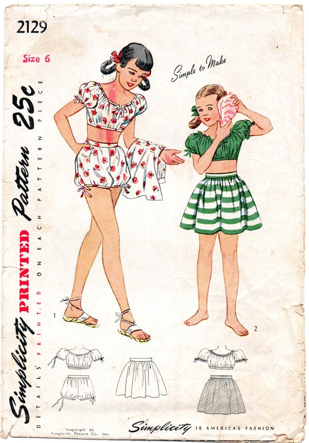 1940's Simplicity 2129 Girls Top, Shorts, Skirt Pattern Size 6 - Etsy