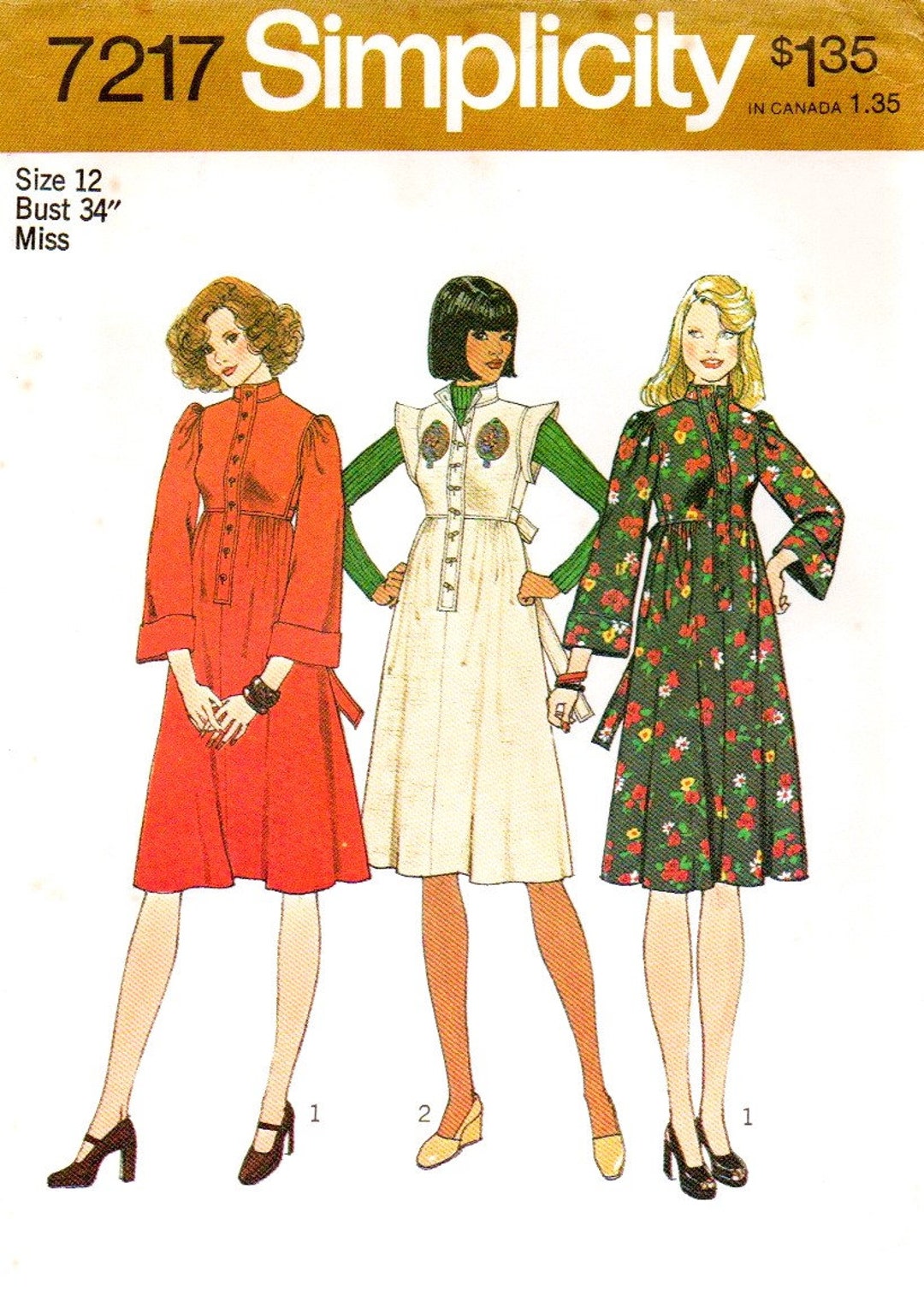 1970's Empire Shirt Dress Simplicity 7217 Pattern Bust 34 - Etsy