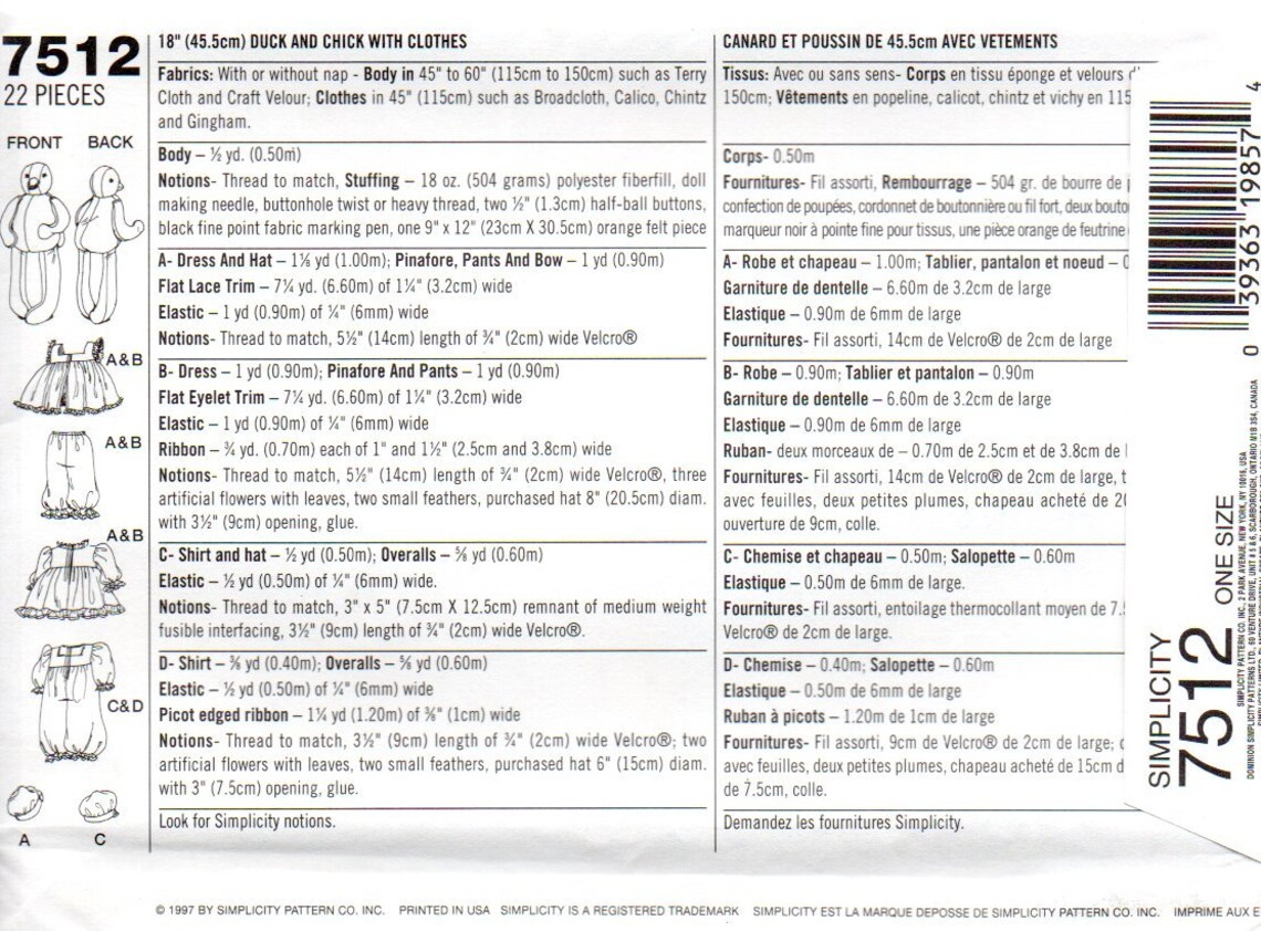 Simplicity 7512 Stuffed 18 Inch Duck and Chick With Clothes Pattern - Etsy