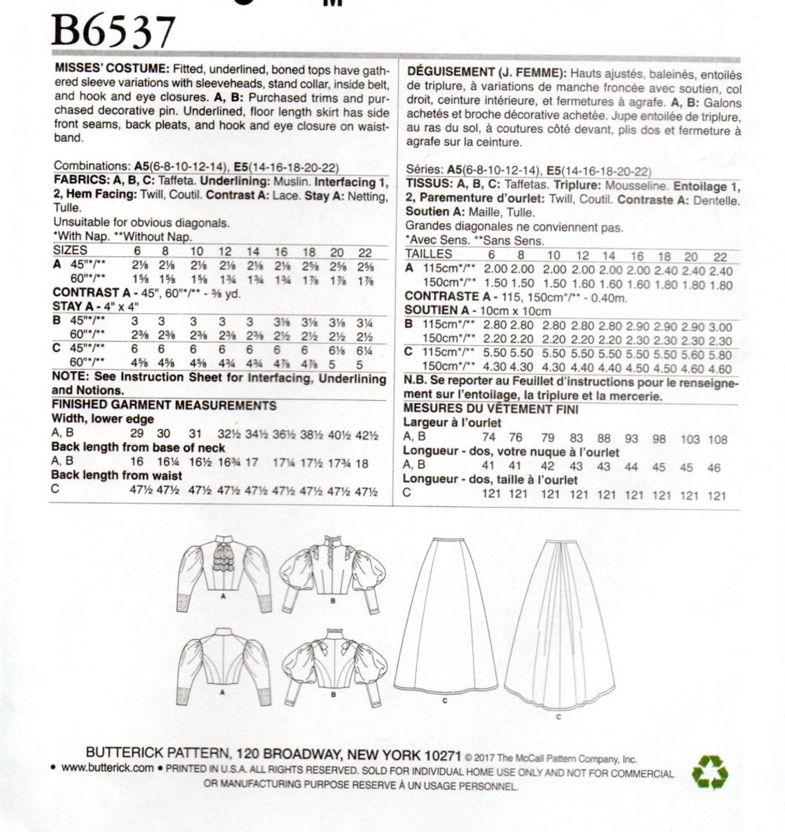 Victorian Leg-of-mutton Sleeves Costume Pattern Butterick 6537 - Etsy