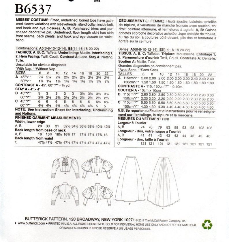 Victorian Leg-of-mutton Sleeves Costume Pattern Butterick 6537 - Etsy