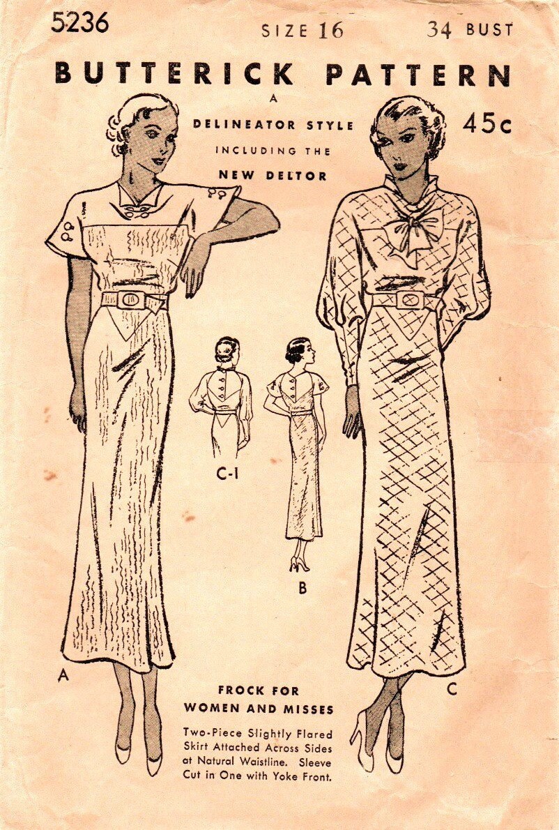 1930's Delineator Butterick 5236 Deco Frock Dress Pattern Bust 34 - Etsy