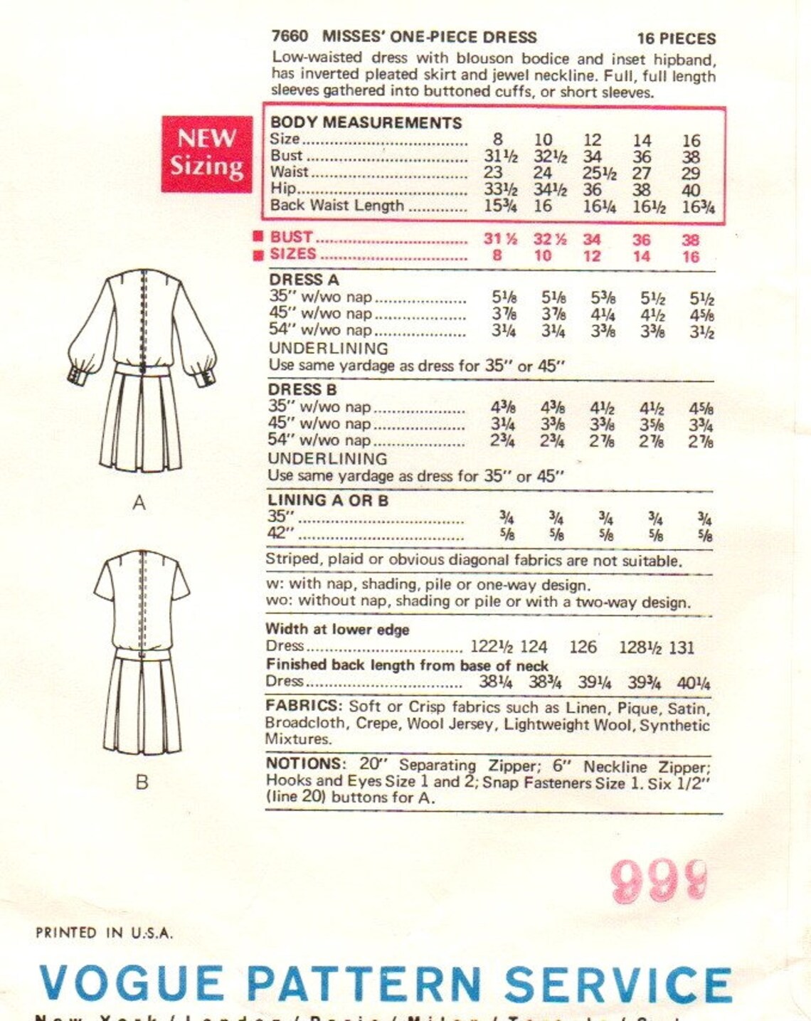 Vogue 7660 Blouson Dropped Waist Dress 1970's Pattern - Etsy