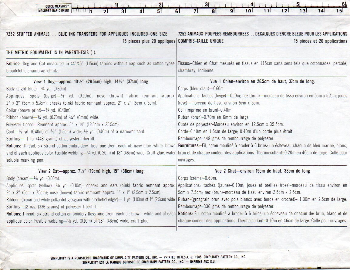 Vintage 80's Simplicity 7252 Stuffed Cat and Dog Pattern - Etsy