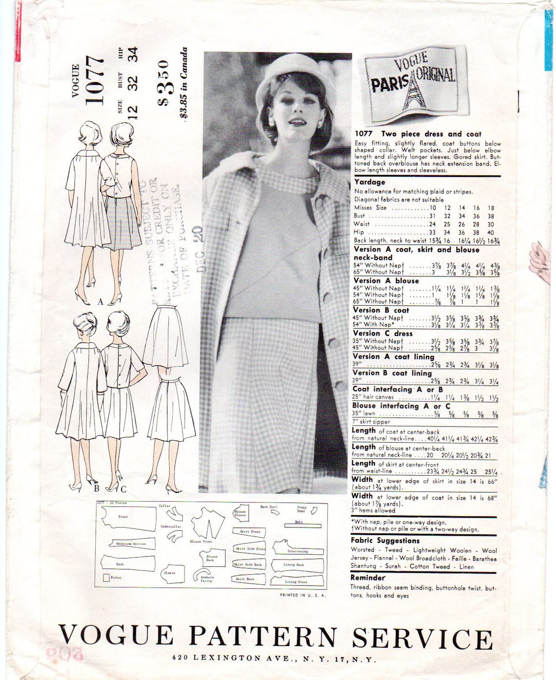 Jacques Heim Vogue 1077 Paris Dress and Coat Pattern Bust 32 - Etsy