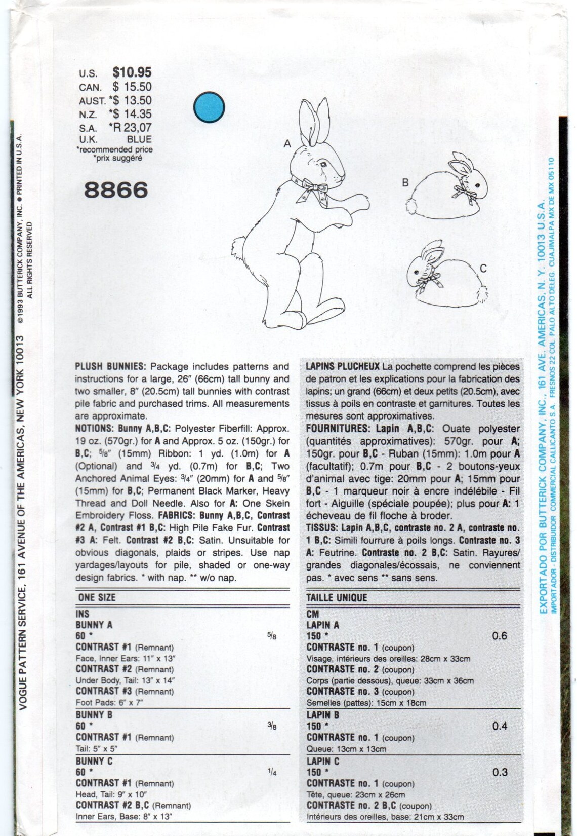 Vogue 8866 Stuffed Bunny Rabbits Pattern 26 and 8 | Etsy