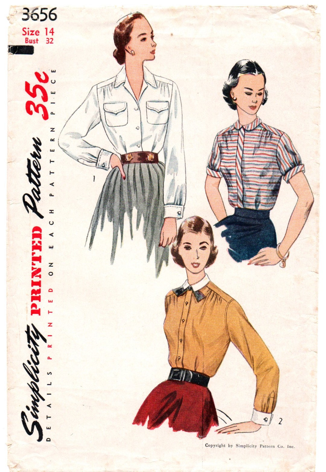 50's Simplicity 3656 Yoke Blouse, French Cuffs Pattern, Three ...
