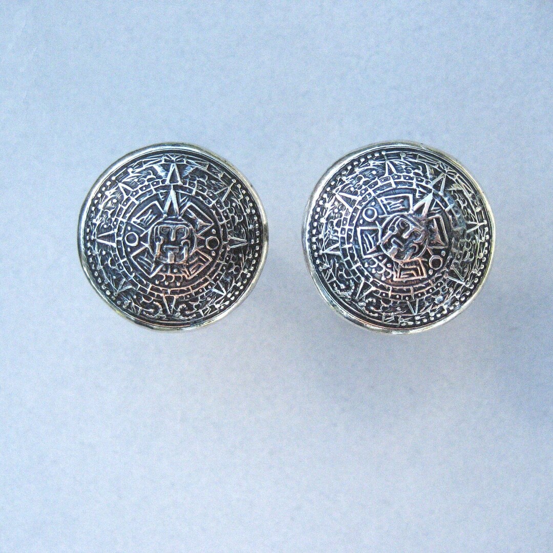 Vintage Sterling Silver Embossed Dome Aztec Calendar Cufflinks Cuff ...